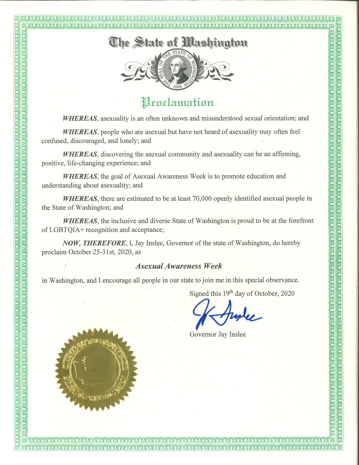 Washington Again Recognizes Ace Week in 2020 – Seattle Aces and Aros